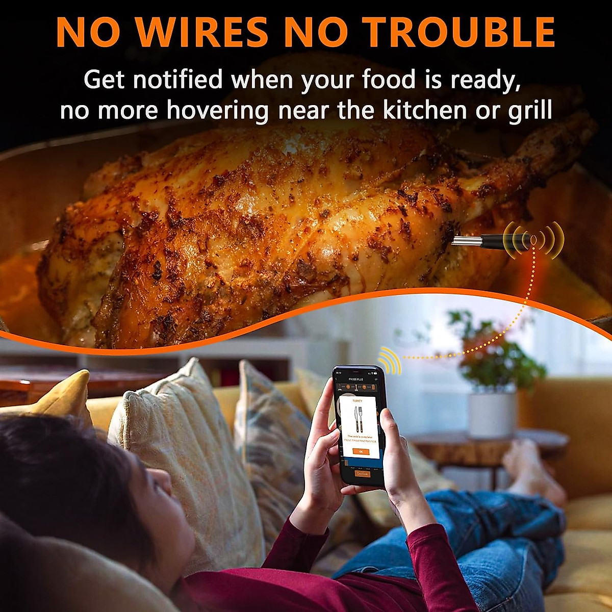 Wireless Meat Thermometer Bluetooth, Food Thermometer with Waterproof Probe & Smart WiFi APP for Grill Grilling, Oven, Smoker, Kitchen Cooking, Outdoor BBQ Thermometers