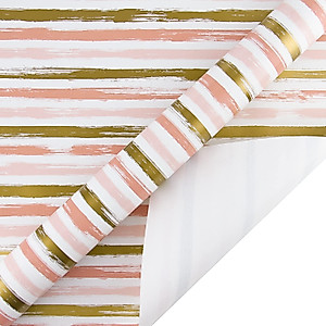 WRAPAHOLIC Reversible Wrapping Paper - Mini Roll - 17 Inch X 33 Feet - Pink Gold Lines and Solid Pink Design for Birthday, Holiday, Wedding, Baby Shower