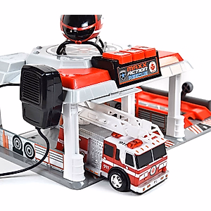 Fire and Rescue Garage Lights and Sounds Toy Set for Kids | Working Intercom with Open and Close Parking Garage and Vehicle Lift | Playset Includes Helicopter and Fire Truck with Friction Motor