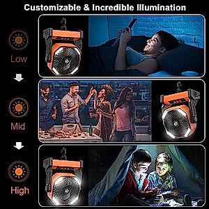 KITWLEMEN Camping Fan with LED Lantern, 20000mAh Rechargeable Battery Operated Outdoor Tent Fan with Light & Hanging Hook, 4 Speeds, Personal USB Desk Fan for Camping, Power Outage, Hurricane, Jobsite
