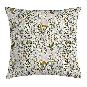 Ambesonne Floral Throw Pillow Cushion Cover, Vintage Garden Plants Herbs Flowers Botanical Classic Design Art, Decorative Square Accent Pillow Case, 26" X 26", Pink Blue