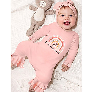 AGAPENG Baby Girl Clothes Newborn Girl Clothes hi I'm new here Romper Ruffle Rainbow Onesie Flare Bell Bottom Jumpsuit Fall Winter Outfits Newborn Girl Outfits Pink with Headband Hat