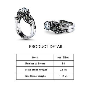 Jeulia 3.68 Carat Twist Skull Rings for Women Sterling Silver Two Tone Twist Band Rings White Diamond Bridal Ring Set Black Plated Engagement Promise Rings with Jewelry Gift Box (6)