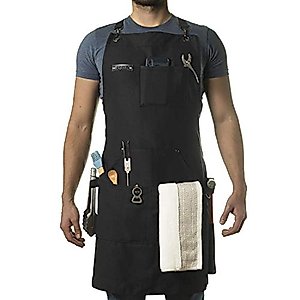 Asaya Chef, BBQ and Work Apron with Bottle Opener and Hand Towel - Durable 10oz Cotton Canvas, Brass Hardware and Cross Back Straps - For Men, Women, Grilling, and Cooking (Black)