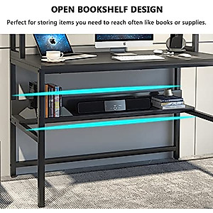 Aquzee Computer Desk with Hutch and Bookshelf, 47 Inches Black Home Office Desk with Space Saving Design, Metal Legs Table Desk with Upper Storage Shelves for Study Writing/Workstation, Easy Assemble