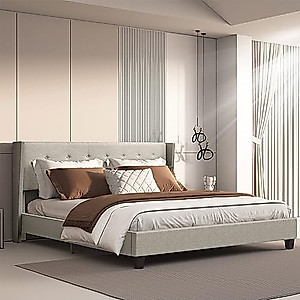 BONSOIR Queen Size Sand Color Bed Frame Upholstered Traditional Low Profile Platform with Wing Back Headboard