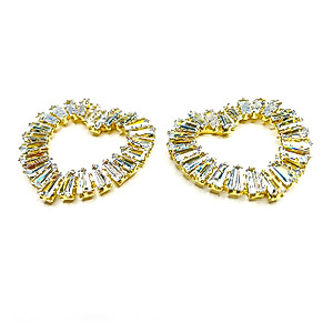 Woke Creations Statement Heart Stud Love Earrings for Women White Cubic Zirconia Baguette Gift Boxed Yellow Gold Setting Hypoallergenic