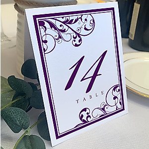 Scribble Vintage Swirl Wedding Table Numbers (Select Color/Quantity), White, Eggplant, 1-15, Double Sided, Tent or Use in a Stand, Great for Parties & Restaurants
