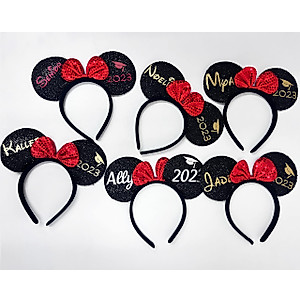 Personalized Graduation Mouse Ears for Class of 2024, Custom Graduation Gifts, Black Sequin Headband with Red Sequin Bow