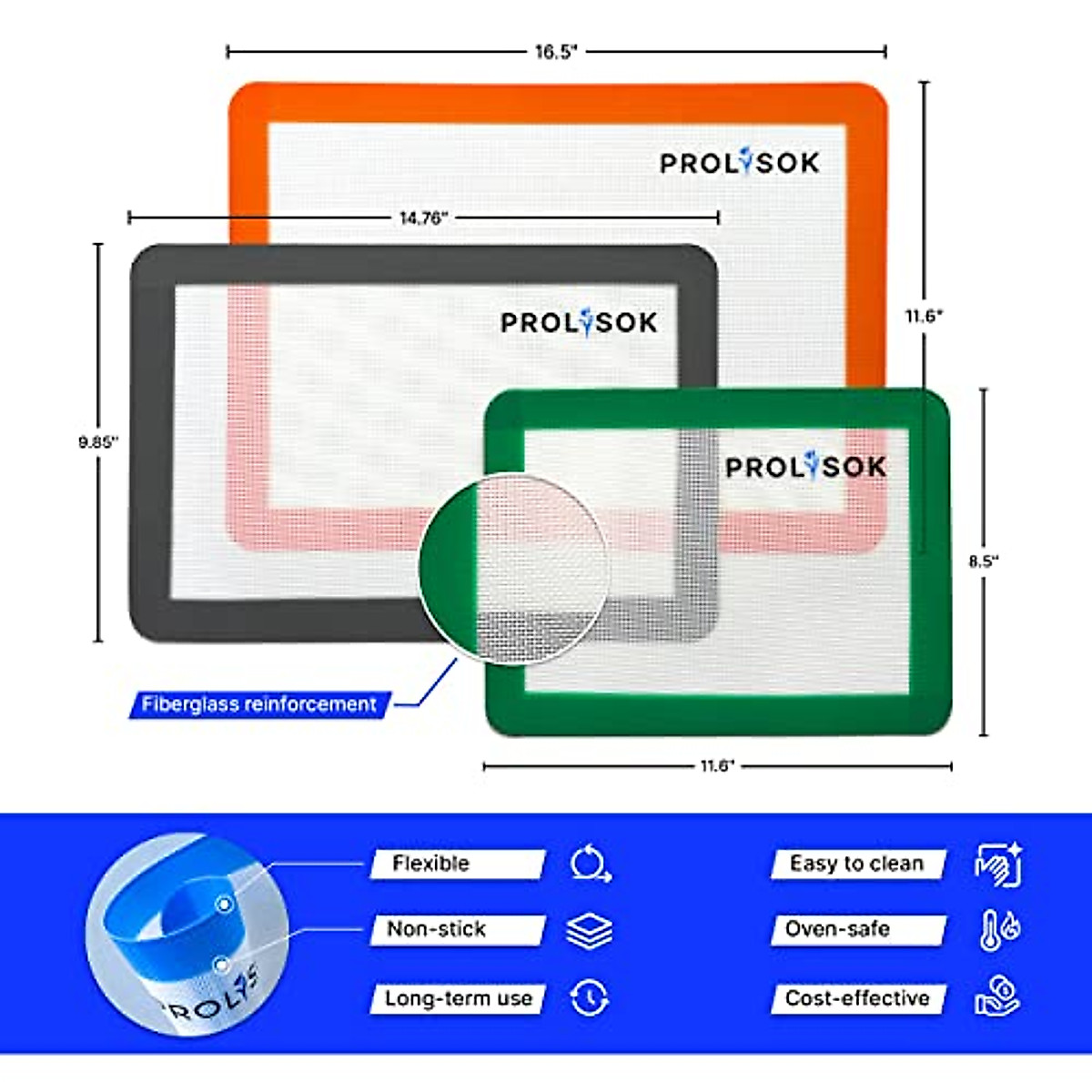 PROLISOK Silicone Baking Mat Pack of 3 – Non-stick Reusable Baking Liners – Food Grade Safe Oven Mats for Cookies, Macarons & Pastry – Half Sheet, Jelly Roll & Quarter Flexible Cooking Mats