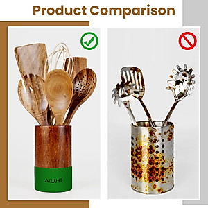 AIUHI Wood Cooking Utensil Holder for Countertop,Teak Crock Organizer Caddy, Wooden Holder for Kitchen Utensils,for Spoons Spatula Straw Cutlery Accessories Utensils Storage (Green)