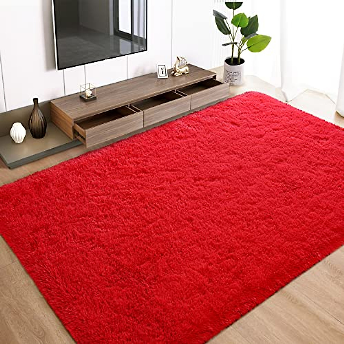BENRON Plush Red Fluffy Rug Ultra Soft Furry Bedroom Rugs Kids Room Carpets Non-Slipping Living Room Rug 4 x 6 Feet, Cozy Bedside Runner Rugs