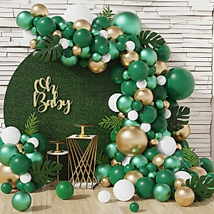 128Pcs Jungle Sarfari Balloon Garland Arch Kit, Double Stuffed Emerald Green Matellic Gold White Balloons with Artificial Palm Leaves for Wild One Animal Party Decorations Kids Birthday Baby Shower