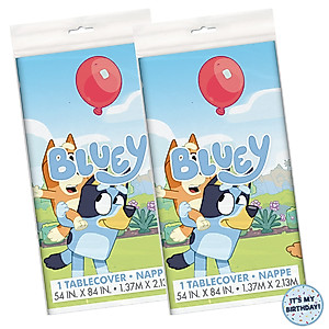 Unique Bluey Birthday Party Supplies - Rectangular Plastic Table Covers (Pack of 2) and Sticker