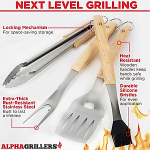 Alpha Grillers Grill Set Heavy Duty BBQ Accessories - BBQ Gifts Tool Set 4pc Grill Accessories with Spatula, Fork, Brush & BBQ Tongs - Grilling Cooking Gifts for Men Dad Durable, Stainless Steel