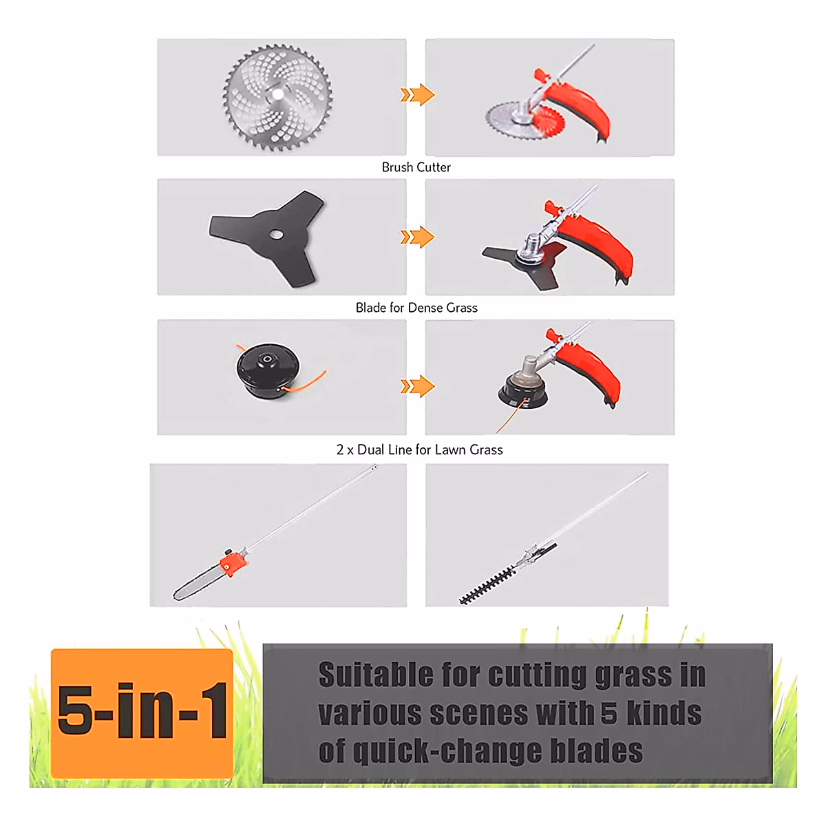 Meideli Grass Trimmer 52cc - 5 in 1 Gas Powered Brush Cutter Gas String Trimmer Hedge Trimmer Pole Saw Trimmer for Quick Weed Grass Cleaning Crop Seed Soil Protection Tools