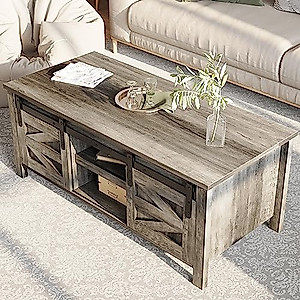 Furmax Coffee Table with Storage and Sliding Barn Doors, Farmhouse Living Room Table with Adjustable Shelves, Wood Rustic Center Table for Home Living Meeting Room (Light Rustic Oak)