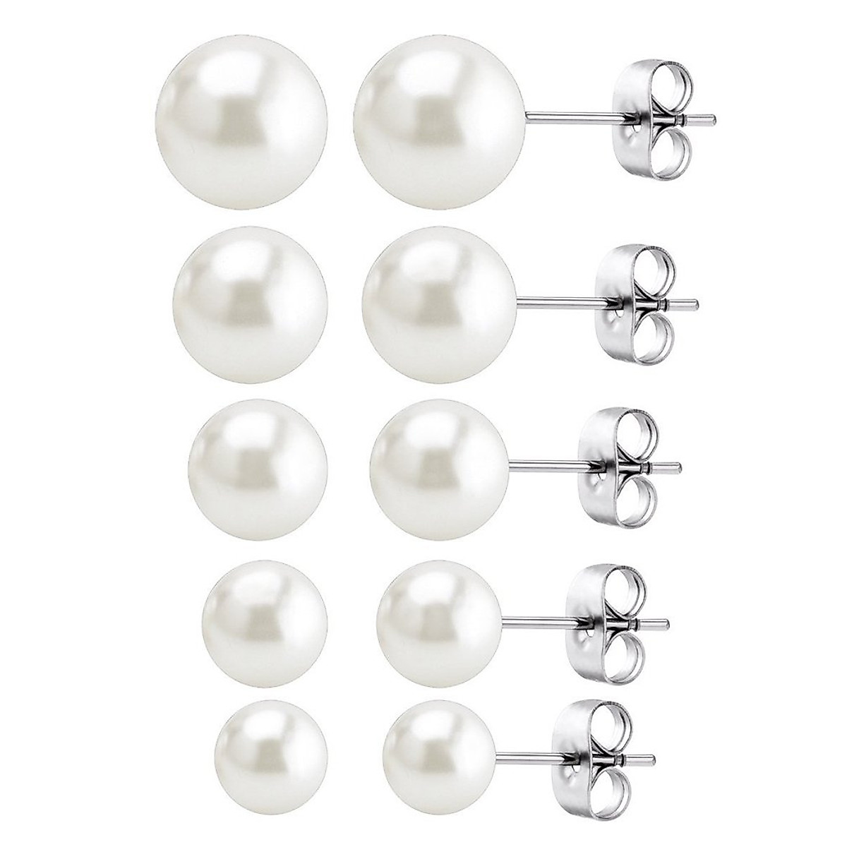 Stainless Steel Stud Earrings Hypoallergenic Cubic Zirconia (6Pairs) (white Pearl)