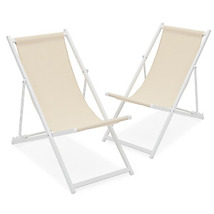 MoNiBloom Foldable Outdoor Adjustable Beach Patio Sling Chairs Portable Aluminum Frame Lounge Folding Chair Set of 2 (Beige)