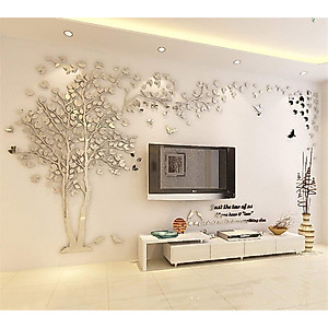 3D Tree Wall Stickers - DIY Tree and Birds Wall Decals Family Couple Tree Stickers Murals Wall Decor for Living Room Bedroom TV Background Home Decorations(Silver Left,M-98X51in)
