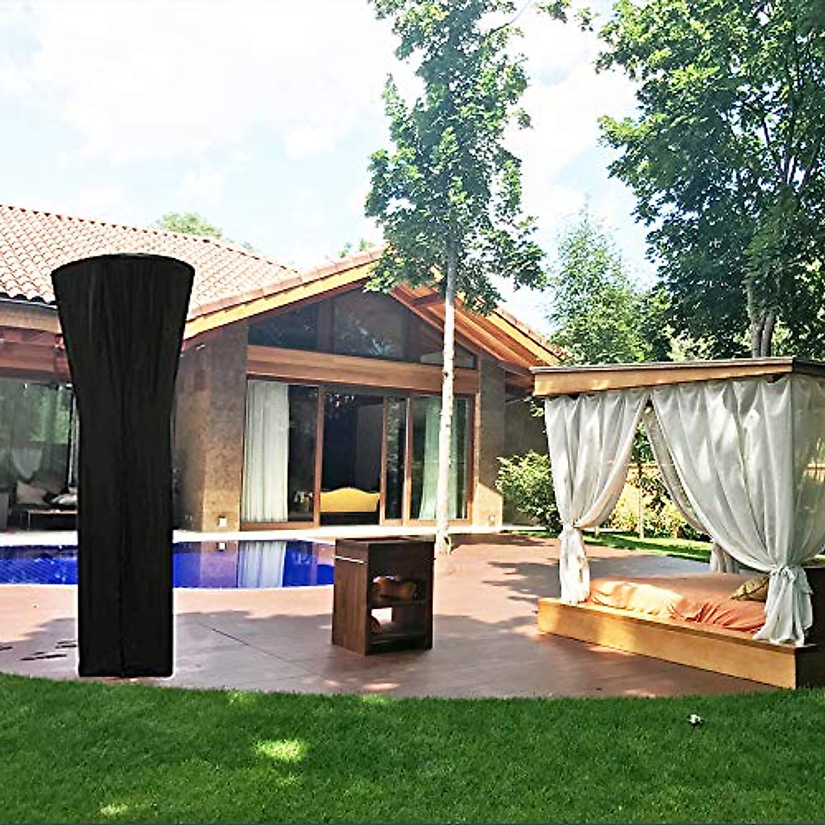 SafeGuard360 Patio Heater Cover Waterproof 420D Oxford Thickness, with Stainless Steel Telescopic Rod, and Storage Bag in Black (89in x 35in x 19in- Universal Fit for Outdoor Stand Up Heaters)