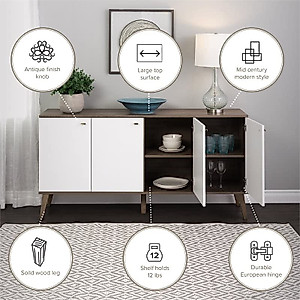 Prepac Milo Mid-Century 4 Door Buffet, 16" D x 64" W x 32" H, Drifted Gray/White