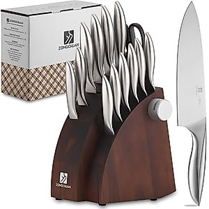 Zongchuan 15-Piece Knife Sets,Ultra-Smooth Cutting Professional Grade Sharp,One-Piece 50Cr15Mov Stainless Steel Kitchen Knife Block Set with Sharpener,Handle Ergonomic Design,Dishwasher Safe