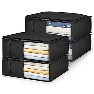 MISSLO Bed Sheet Organizers and Storage Queen/King Size Sheet Folder 4 Pack Linen Closet Organizer with Clear Window Blanket Storage Bags for Bedsheets, Pillow Cases, Towels, Clothes
