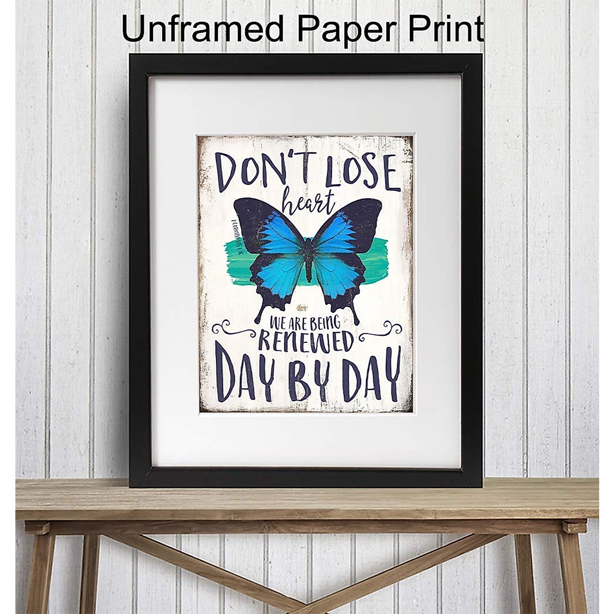 Inspirational Butterfly Picture - Christian Bible Verse Wall Art - Religious Scripture Wall Decor - Blue Rustic Boho Gift for Women - Motivational Home or Apartment Decoration for Bedroom, Living Room