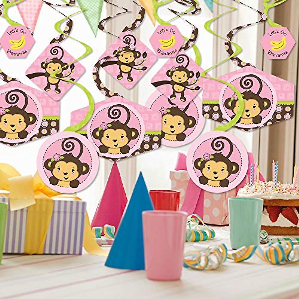 Big Dot of Happiness Pink Monkey Girl - Baby Shower or Birthday Party Hanging Decor - Party Decoration Swirls - Set of 40