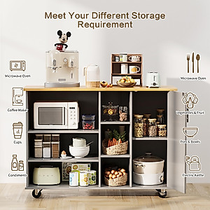 SUNLEI Kitchen Island on Wheels with Storage Cabinet & Drawer, 47.2" Large Kitchen Cabinet with Open Shelves, Cart Handle for Towel Rack or Free Mobility, Portable Islands for Kitchen(Grey)