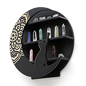 Natural Wood Round Wall Shelf With Star Moon And Cute Cat,Unique Decorative Floating Shelf For Crystals, Stones. Easy Install For Bedroom, Living Room And Kids Room. 12 x 12 x 3.5 in (Matte Black)