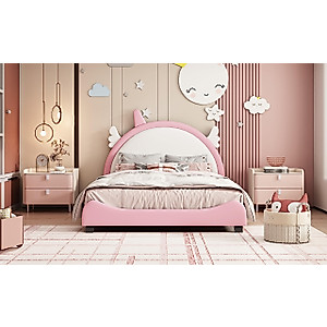 Harper & Bright Designs Full Size Upholstered Princess Bed Frame with Crown Headboard for Boys Girls Kids Toddler,Full Size Platform Bed with Headboard and Footboard,White+Pink (Pink3)