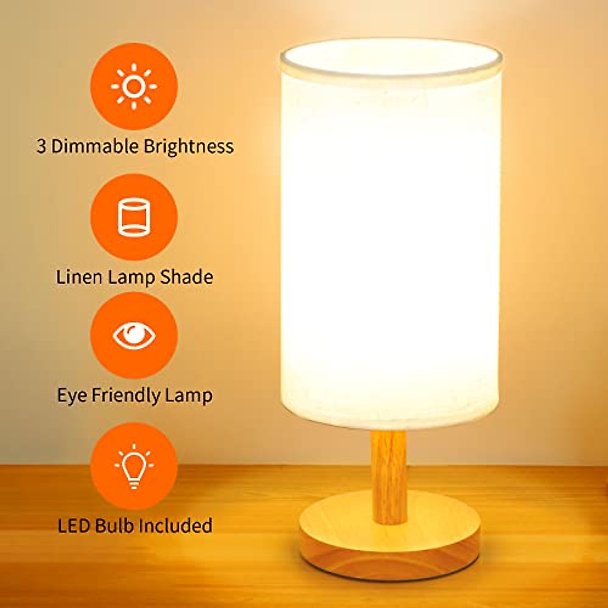 ALOTUS Table Lamp for Bedroom - 12W Bedside Lamps for Nightstand, Solid Wood Night Stand Light Lamp with Round Flaxen Fabric Shade for Living Room, Dorm, Home Office (LED Bulb Included)