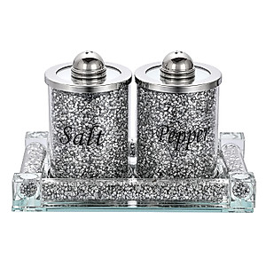 JUXYES Crushed Diamond Salt and Pepper Shakers With Tray, Luxurious Diamond Style Salt Pepper Shaker, Bling Glass Salt and Pepper Shakers, Sparkly Salt Pepper Glass Jar for Dining Table, Restaurant