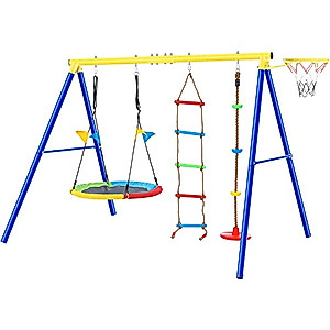 4 in 1 Outdoor Toddler Saucer Swing Set for Backyard, Playground Tree Swing Sets with Steel Frames, Climbing Rope with Disc Tree Swing Playset and Basketball Hoop for Kids