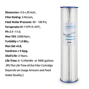 Geekpure Whole House Pleated PP Polypropylene Sediment Filter -4.5" x 20"-5 Micron (Pack 4)