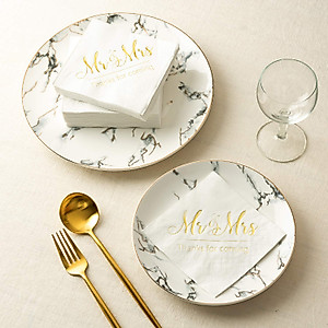 Crisky Napkins Mr and Mrs Gold Cocktail Beverage Dessert for Wedding Shower Engagement Party Decorations, Cake Table Decor Supplies. 100 Pcs, 3-Ply
