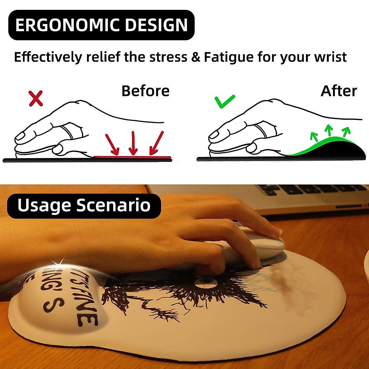 Upgrade Mouse Pad with Wrist Rest, Funny Black Cat Ergonomic Gaming Gel Mouse Pad with Wrist Support, Computer Mousepad for Desk Home Office Laptop, Pain Relief, Non-Slip PU Base