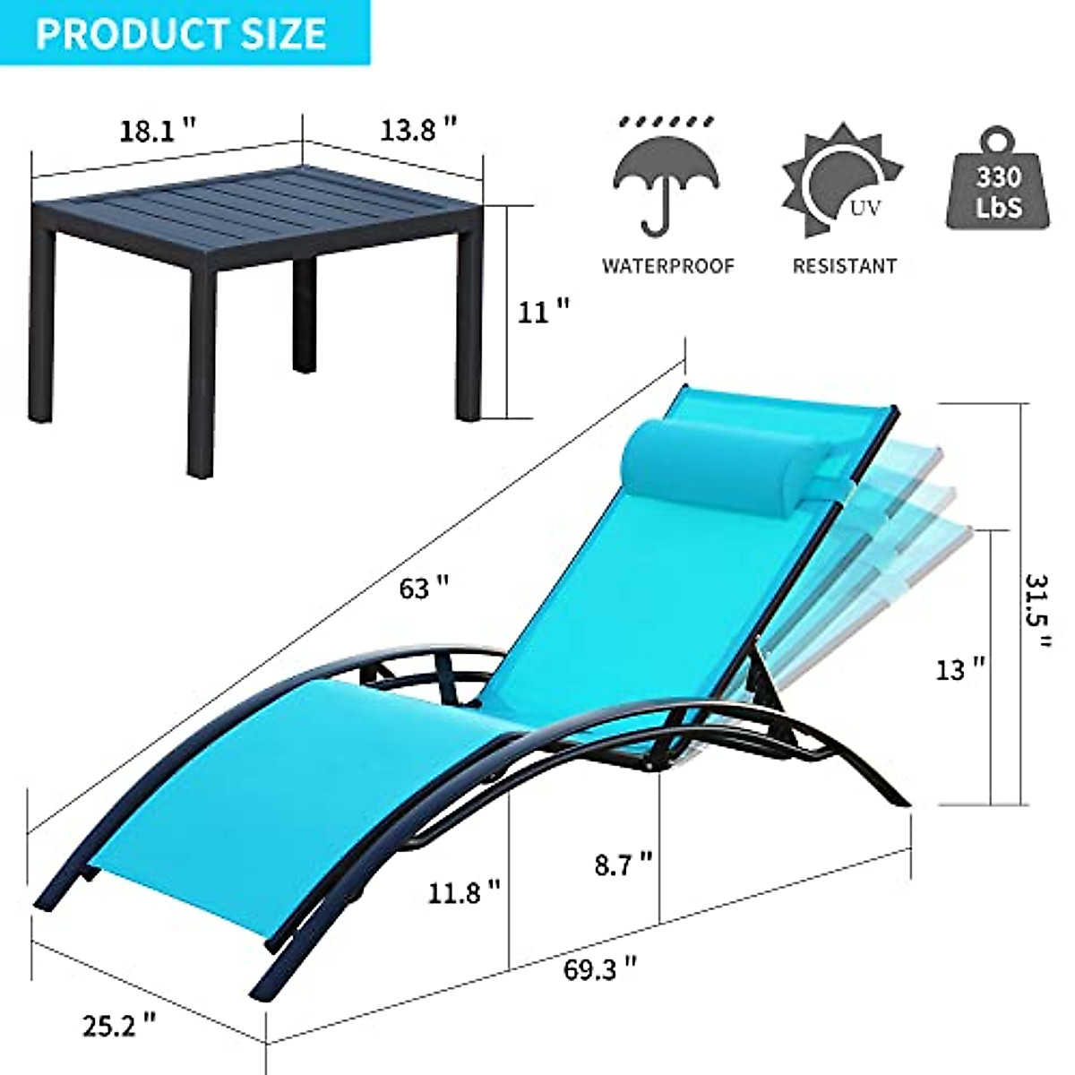 MIRSION Lounge Chair and Side Table Set of 3, Patio Chair for Outside in Swimming Pool, Beach Chaise Lounge Outdoor Recliner with Arm (Light Blue)