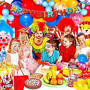 HJINGY Carnival Theme Party Decorations, Circus Theme Party Decorations with Carnival Balloons, Carnival Backdrop, Tablecloth, Happy Birthday Banners, Cake Toppers, Paper Plates and Napkins Set