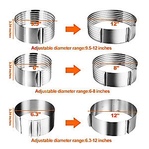 3PCS Adjustable Cake Slicer and Cake Mold 6"-8" & 9.5"-12" 7-Layer Cake Cutter Leveler Stainless Steel Cake Slicing Ring 6.3"-12" Round Mousse Mould DIY Baking Tools for Cake Decor