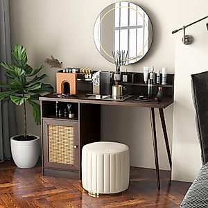 Tangkula Mid Century Desk with Hutch, 48” Writing Study Desk with PE Rattan Storage Cabinet & Shelves, Laptop PC Desk with Rubber Wood Legs, Compact Computer Workstation for Home Office (Brown)