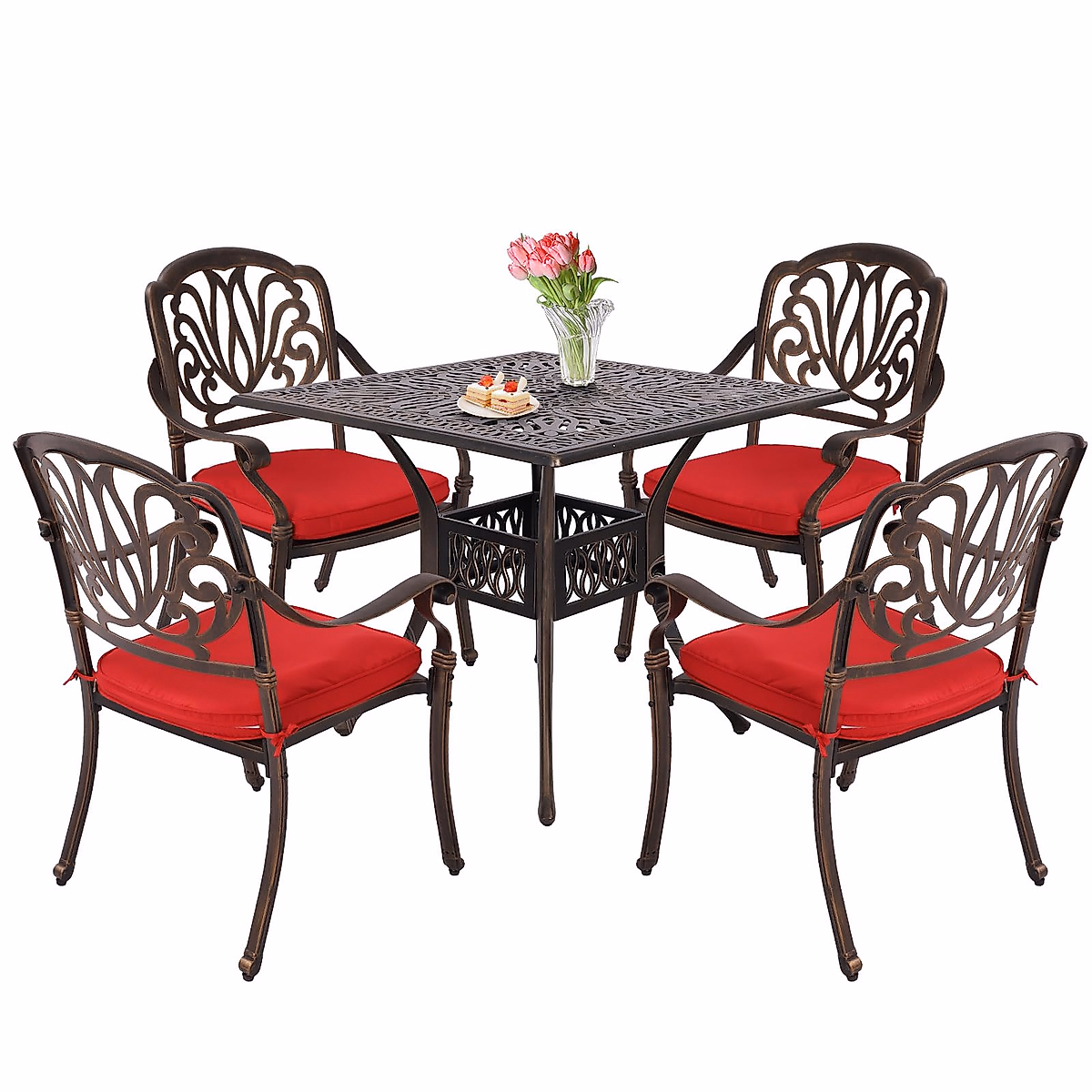Grepatio 5 Piece Cast Aluminum Patio Dining Set Outdoor Furniture Set Patio Garden Set with 4 Ding Chairs, 4 Cushions and 35.4" Square Patio Table 2.4" Umbrella Hole, Antique Bronze (Red)