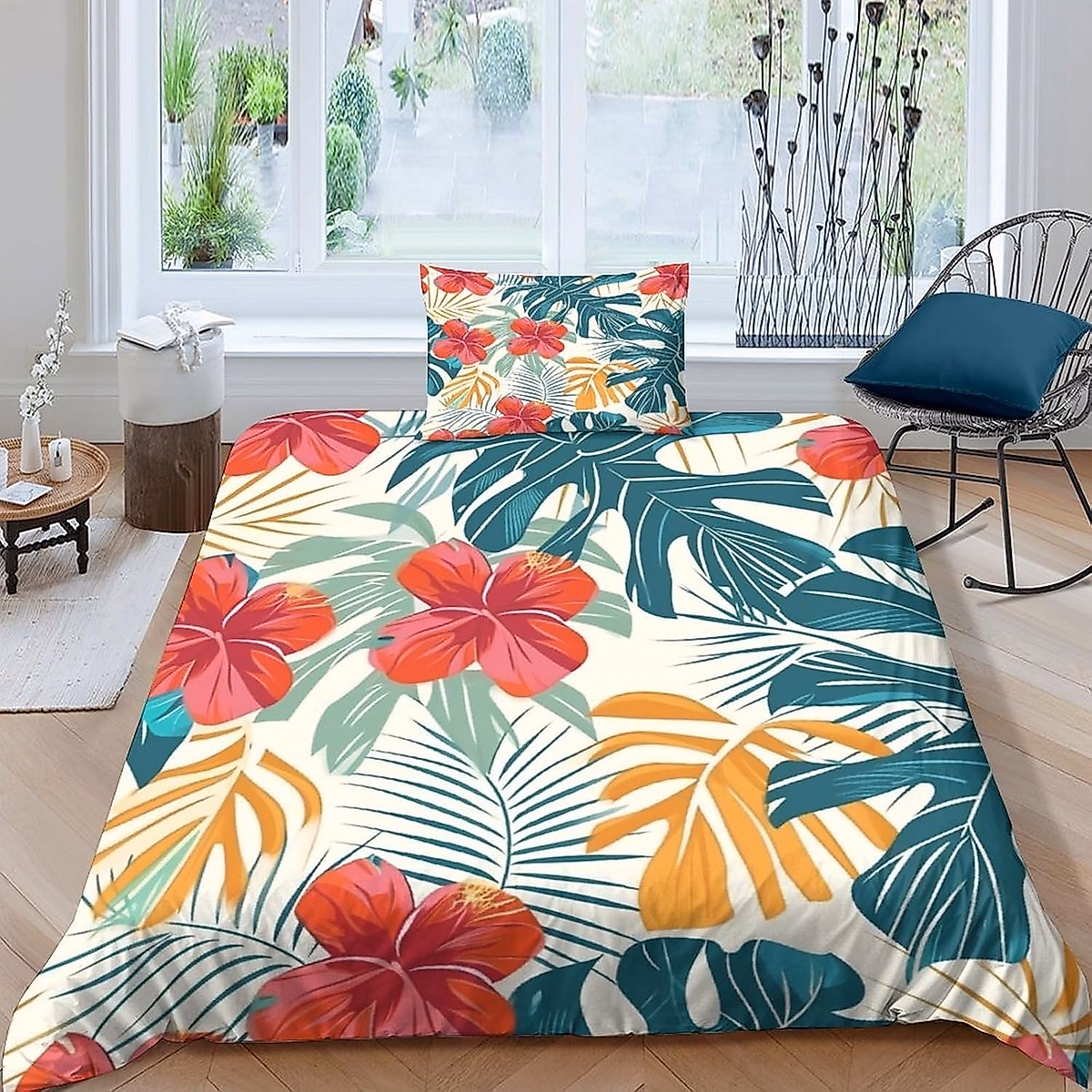 MLUNKQAIL Tropical Leaves Duvet Cover Queen Floral Duvet Covers Bedding Set 3 Pieces Tropical Leaves Soft Microfiber Comforter Cover 90"x90" and 2 Pillow Shams, with Zipper Closure