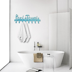 OYEFLY Pool Towel Rack,Wall Mount Towel Hooks Towel Holder with 8 Hooks,Pool Area Outside Sign (Blue, 14.8in)