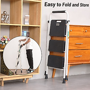 3 Step Ladder, RIKADE Folding Step Stool, Step Stool with Wide Anti-Slip Pedal, Lightweight, Portable Folding Step Ladder with Handgrip, Multi-use Steel Ladder for Household and Office