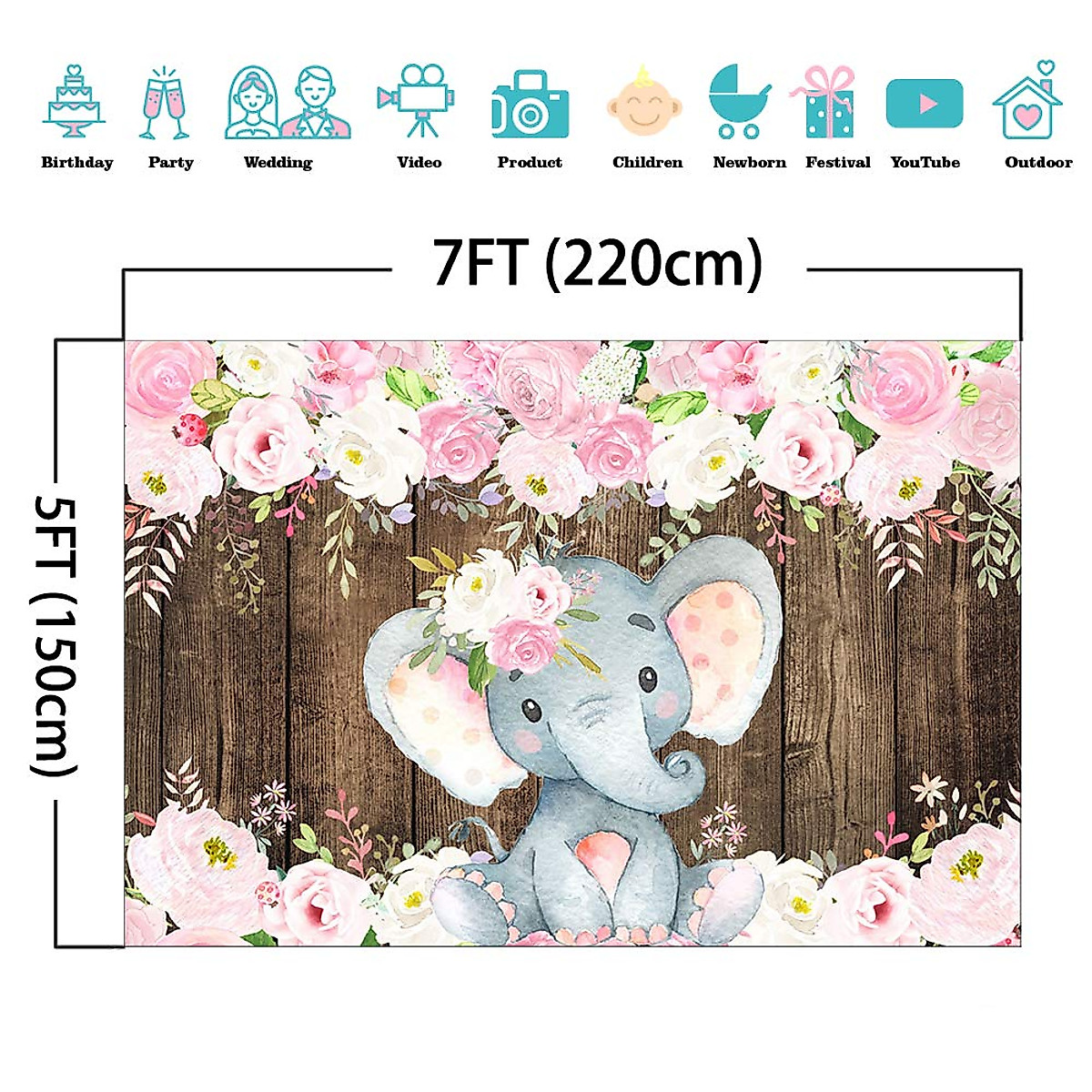 Mocsicka Floral Elephant Baby Shower Backdrop Pink Elephant Baby Shower Party Decoration 7x5ft Vinyl Girl Elephant Baby Shower Photo Background
