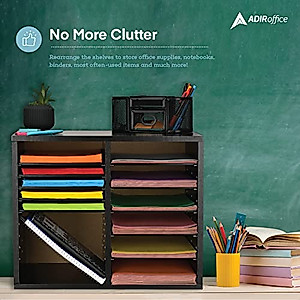 Adir Wooden Literature Organizer Sorter - Stackable File Mail Craft Paper Storage Holder with Removable Shelves for Office, Classrooms, and Mailrooms Organization (12 Compartment, Black)