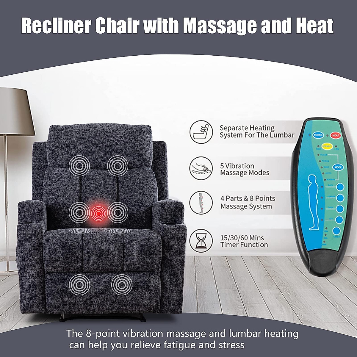 ANJ HOME Manual Massage Recliner Chairs with Heat for Living Room, Overstuffed Breathable Fabric Reclining Chair with Side Pockets and Cup Holders, Single Sofa Home Theater Seating, Dark Grey